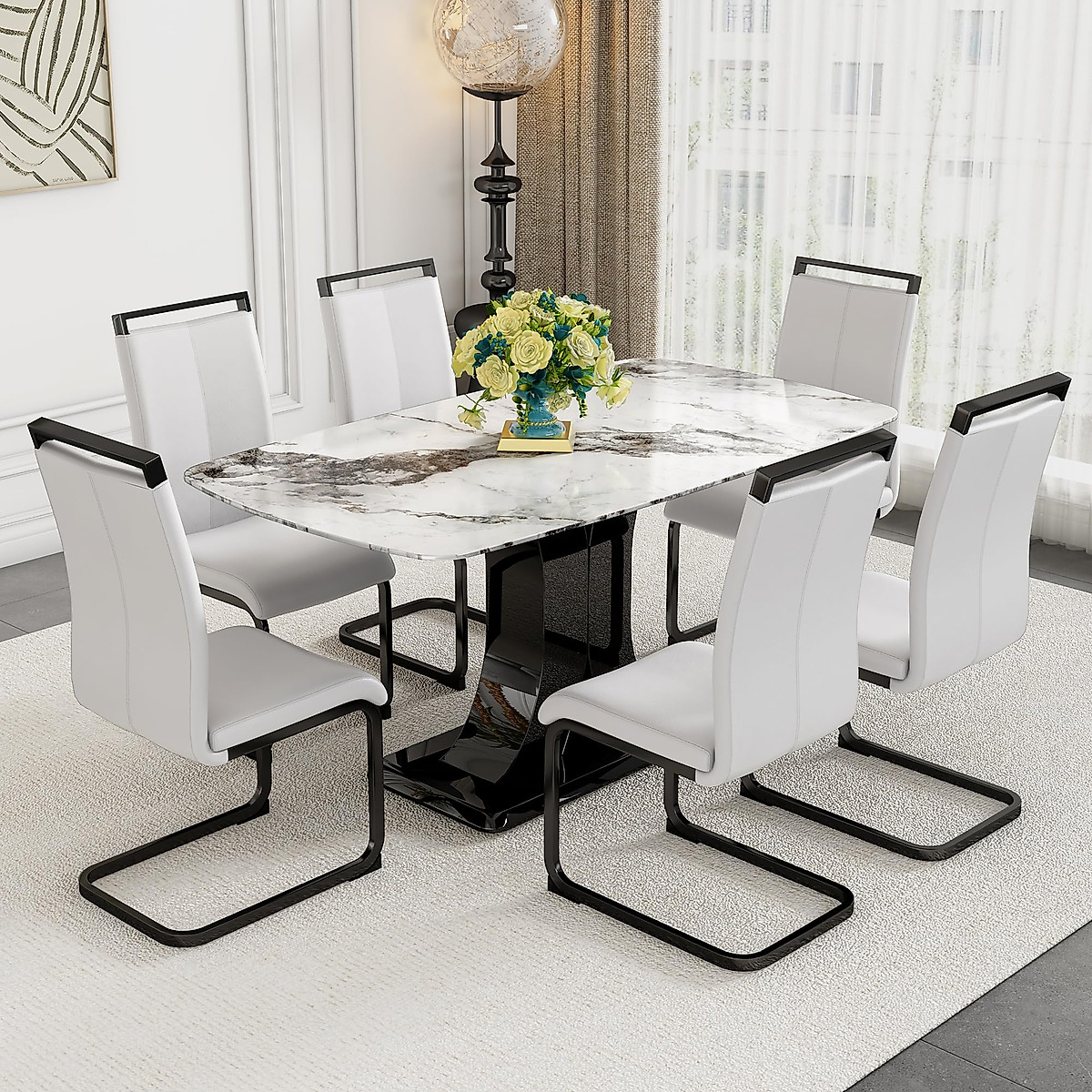 Pvillez 63" White Faux Marble Dining Table, Modern Kitchen Table for 4 6 People, Rectangular Dinner Room Table Marble Sintered Stone Top & Black Curved X Shape Pedestal Table for Dining Room Kitchen
