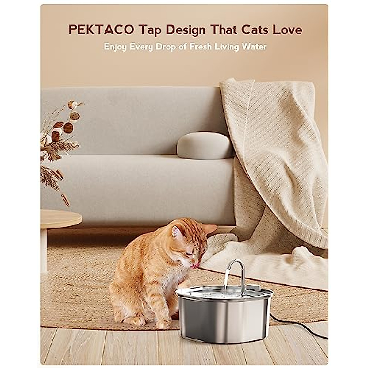 PEKTACO Cat Water Fountain - Pet Water Fountain Dog Water Dispenser Replacement Filters, 3.2L/108oz Stainless Steel Water Fountain for Cats Inside