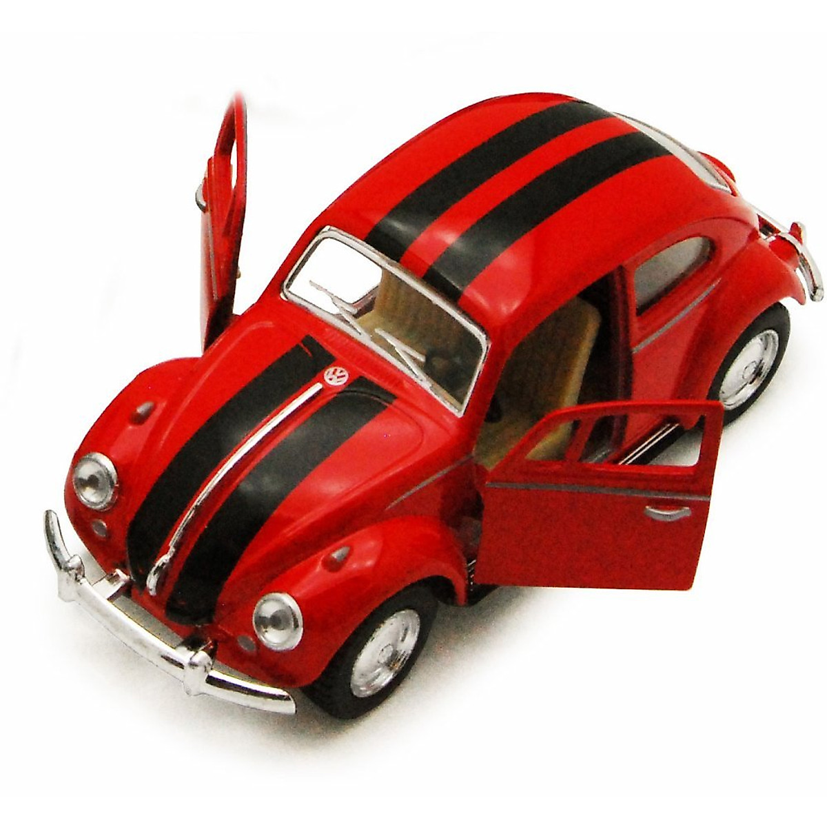 Set of 4 Cars: 5" Classic 1967 Volkswagen Beetle with Racing Stripes 1:32 Scale (Blue/Red/White/Yellow)