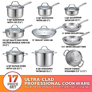 Mueller Pots and Pans Set 17-Piece, Ultra-Clad Pro Stainless Steel Cookware Set, Ergonomic and EverCool Stainless Steel Handle, Includes Saucepans, Skillets, Dutch Oven, Stockpot, Steamer and More