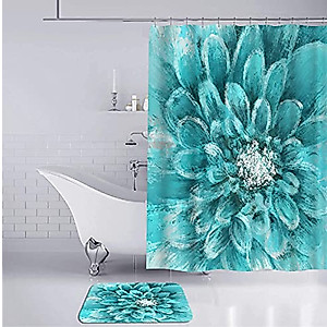 DuoBaorom 4 Pieces Set Dahlia Flower Shower Curtain Set Teal Bath Floral Picture Art on Non-Slip Rugs Toilet Lid Cover Bath Mat and Bathroom Curtain with 12 Hooks 72x72inch