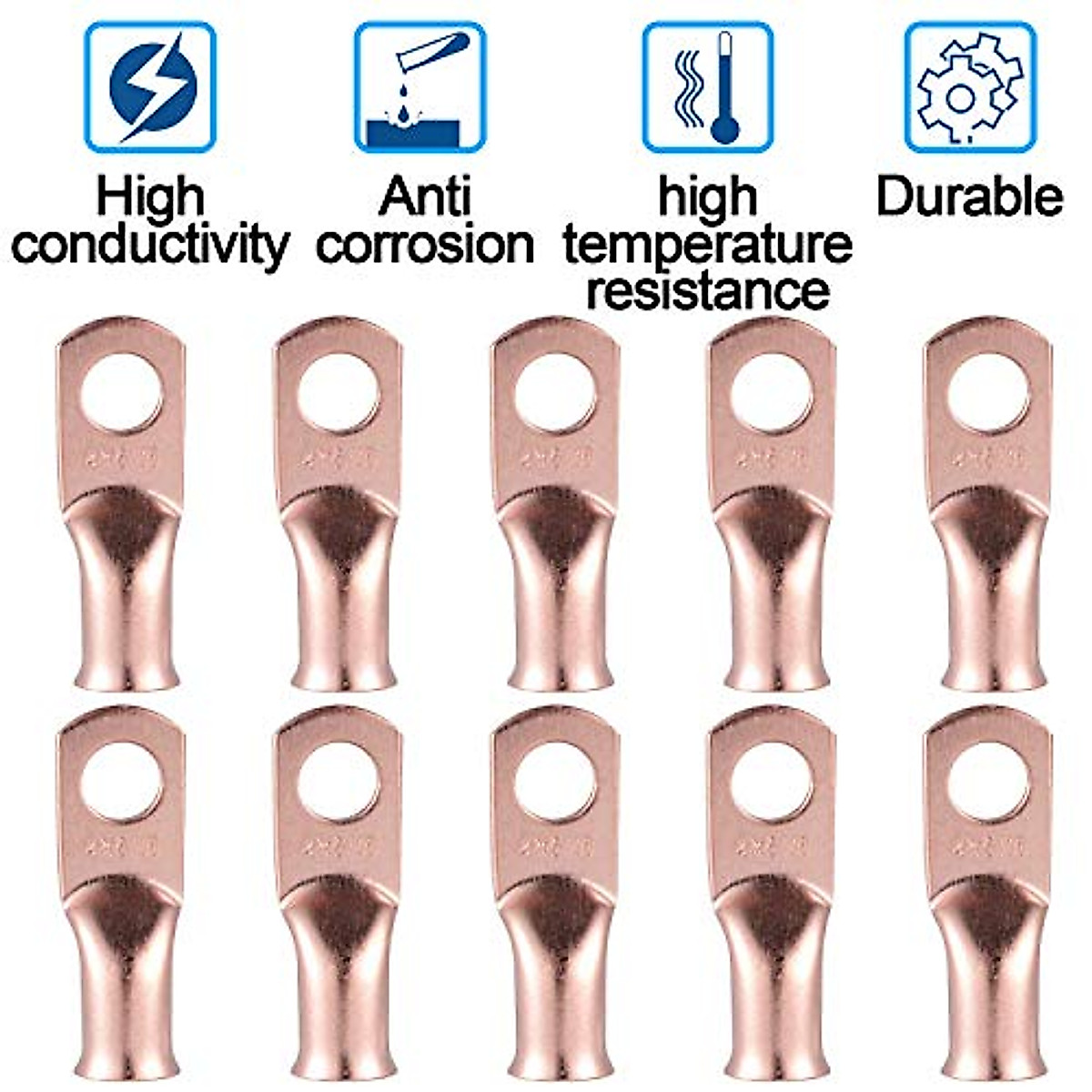 10 Pcs Copper Lugs Ring Terminals Connectors, 3/8” Stud Size for 4 AWG Wire. Battery Cable Ends
