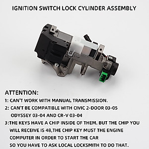 Dasbecan Ignition Switch Lock Cylinder Assembly Compatible with Honda Accord CRV Odyssey FIT 2003-2008 06350-SAA-G30 35100-SDA-A71 (with Chip ID48 Keys)