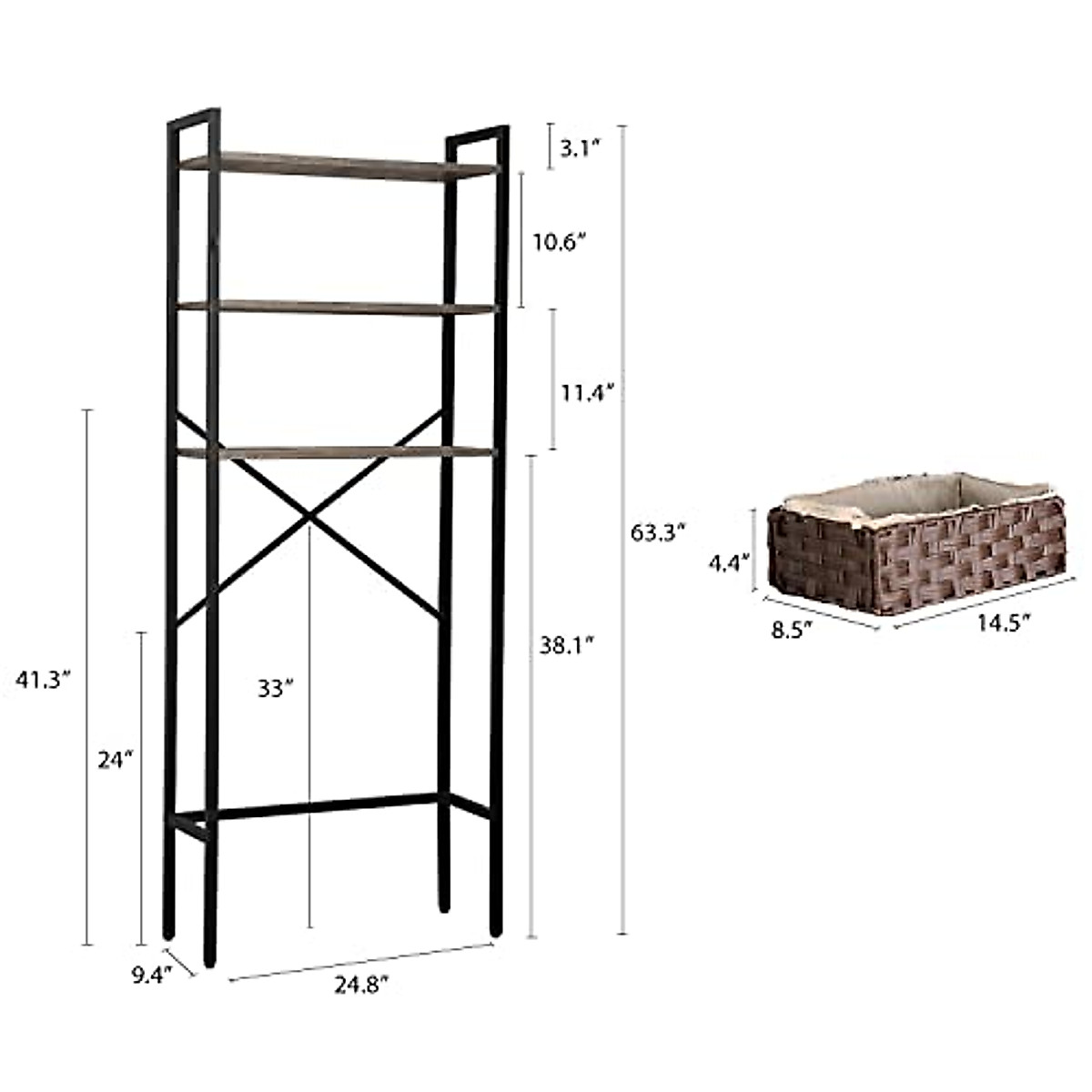 Holywarm Over The Toilet Storage with Basket 3-Tier Over The Toilet Storage Cabinet with Adjustable Feet,Multifunctional Over Toilet Bathroom Organizer Bathroom Shelves Easy to Assemble, Greige