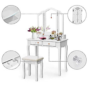 KJNS White Tri Folding Mirror Vanity Makeup Table Stool Set Desk with 4 Drawers Vanity Desk Makeup Vanity Side Tables Bedroom Vanity Table Portable Desk Vanity Set