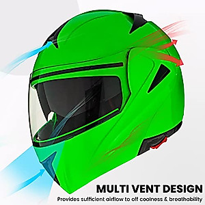 ILM Motorcycle Helmets Modular Dual Visor Flip-up Full Face Street Bike Racing Helmet DOT 5 Colors Model 808 (M, Green)