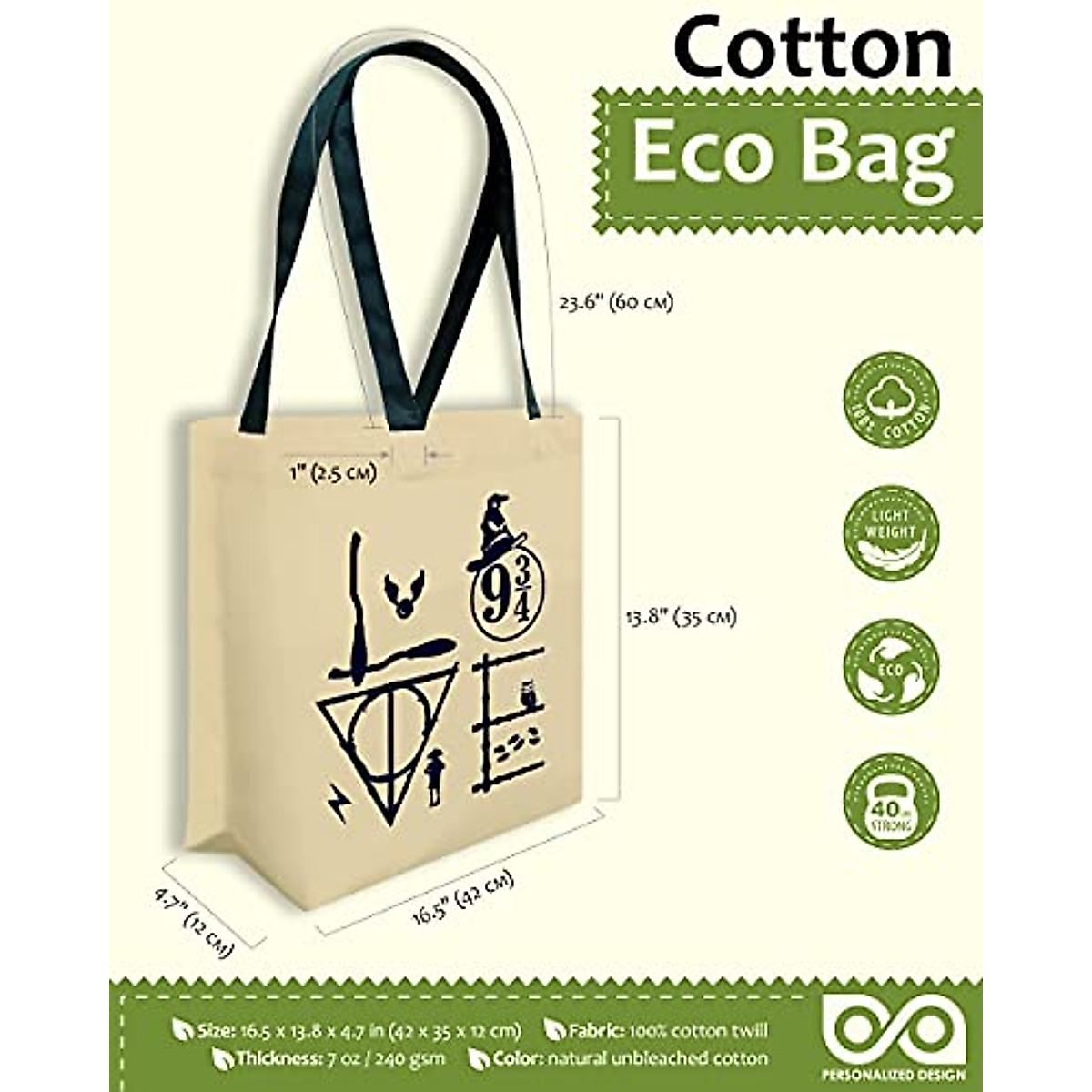 Personalized.Design Tote Bag Harry Potter Love - Reusable Cotton Canvas Organic Shoulder Craft Bag, ECBG-007, Beige, Large