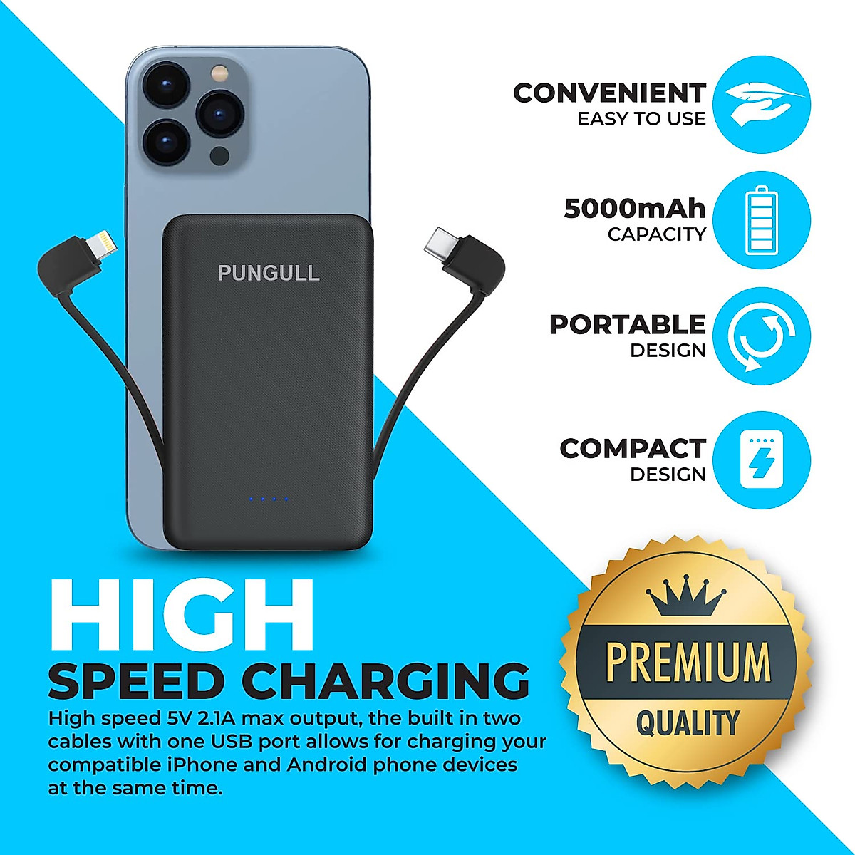 Slim Portable Charger 5000mAh - Compact Mini Small Power Bank Built-in Cable Cute Mobile Cell Phone External Battery Pack 5V 2.1A USB-C Compatible with iPhones 6/7/8/X/XS/XR/11/12/13/14 Airpods