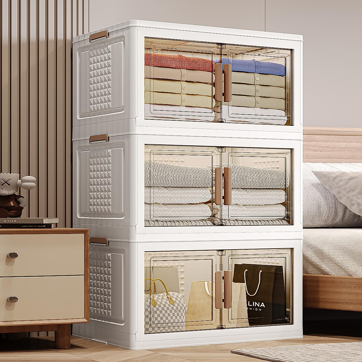 NLDD Storage Bins with Lids,78 Quart Plastic Bins with Lids,Large Closet Organizers, 3 Packs Collapsible Storage Bins with Wheels,Double Door Stackable Bins for Clothes,Home