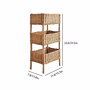 WKSPOO 3-Tier Rattan Storage Rack, Hand-Woven Storage Rack, Vertical Tiered Basket for Living Room, Bedroom, Kitchen, Bathroom(Brown,11.8X7.9X23.6in)
