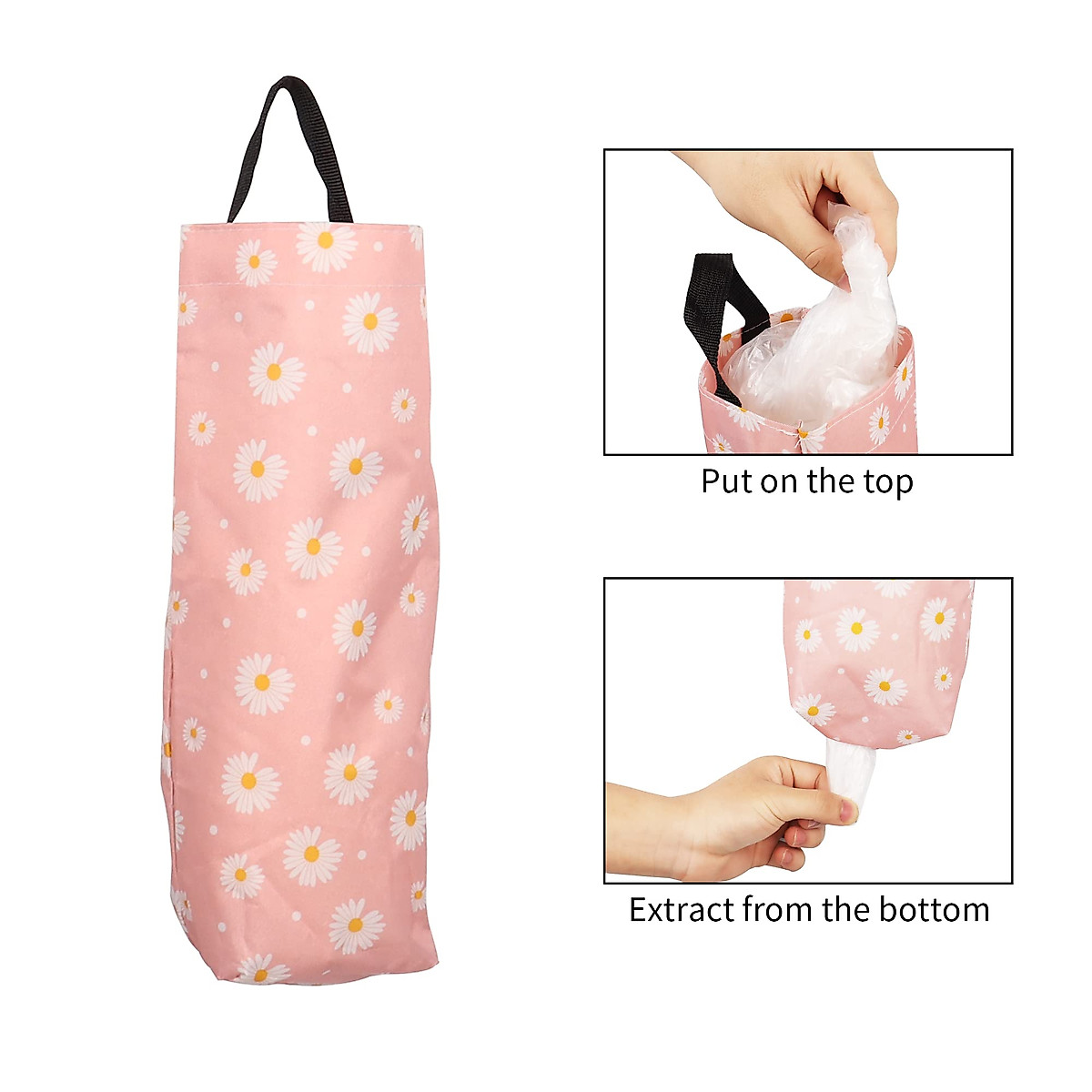 QIANRENON Kitchen Grocery Plastic Trash Bag Holder Washable Wall Mount Folding Little Daisy Storage Bag for Kitchen Bathroom Living Room Office Camper 2 PCS with 2 Hooks (Daisy Pink)
