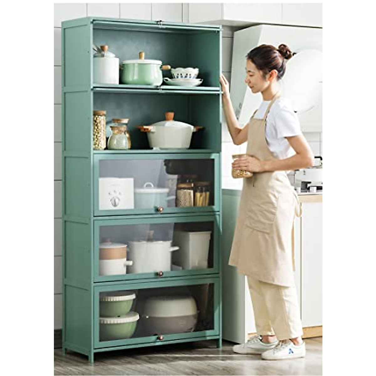 CARVPUMS Kitchen Cabinet Storage Pantry Cabinet Garage Shelf Closet Locker Organizer 5-Tier with Door Bamboo 68'' Bookcase Large Space Hutch