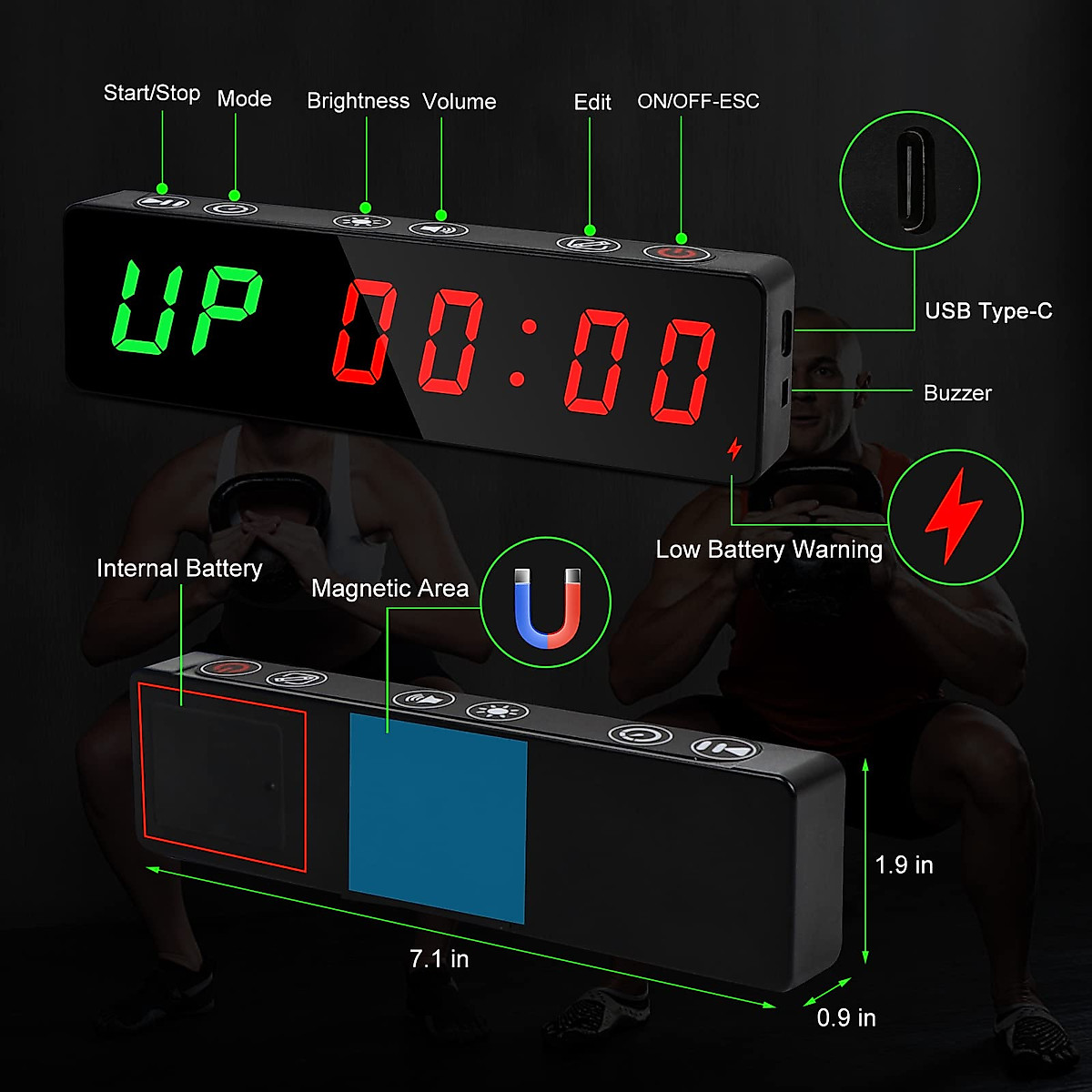 Jhering Portable Gym Timer, Workout Clock with Rechargeable Battery and Built-in Magnet, Stopwatch Countdown/Up for Home Gym Garage Fitness, Interval Training, EMOM, Tabata, Boxing (Black)