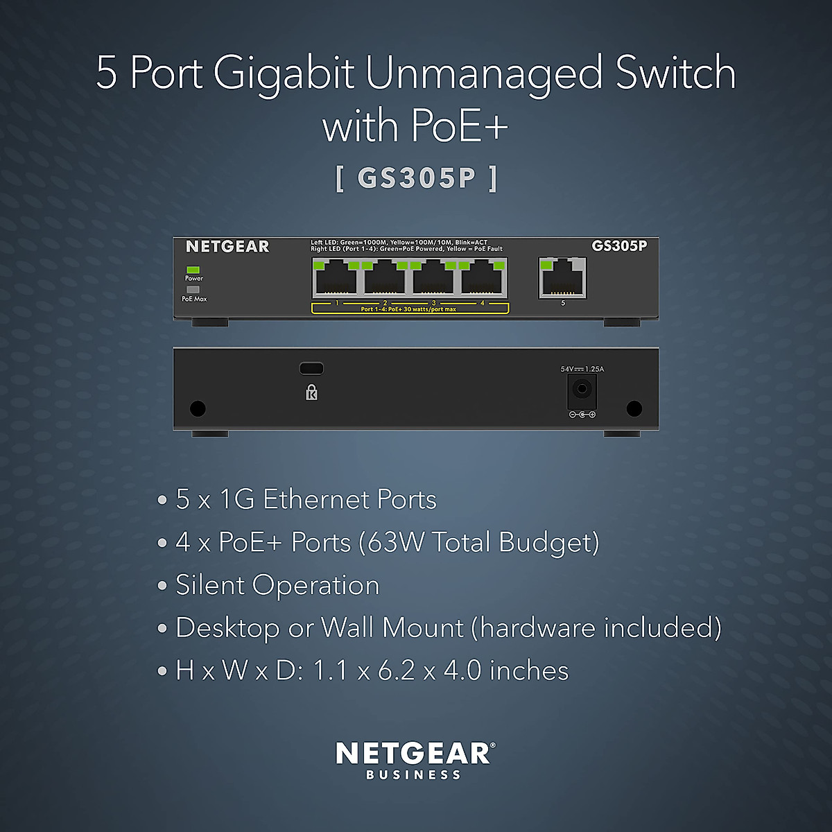 NETGEAR 5-Port Gigabit Ethernet Unmanaged PoE Switch (GS305P v2) - with 4 x PoE+ @ 63W, Desktop or Wall Mount