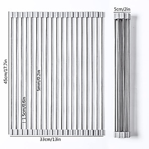 Stainless Steel Roll Up Dish Drying Rack with Sink Cover 17.7" x 13" Over The Sink Drying Rack Foldable 304 Stainless Dish Rack for Kitchen Countertop Dish Drainer Kitchen Sink Accessories and Gadgets