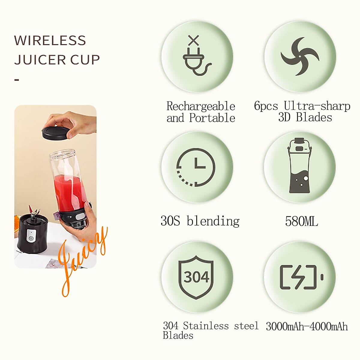 Portable blender 20oz 580ml,Personal blenders for smoothies and crush ice,270W Powerful Portable Mini Blender Cup with Travel Lid and USB Rechargeable for Offic e, Gym, Kitchen (Black)