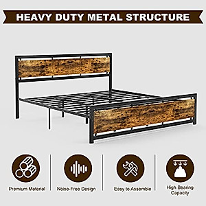 IKIFLY Industrial Metal King Size Bed Frame/Farmhouse Metal Platform Bed with Wooden Headboard Footboard/Heavy Duty Steel Slats Support/No Box Spring Need, Easy Assembly（King, Rustic Brown）