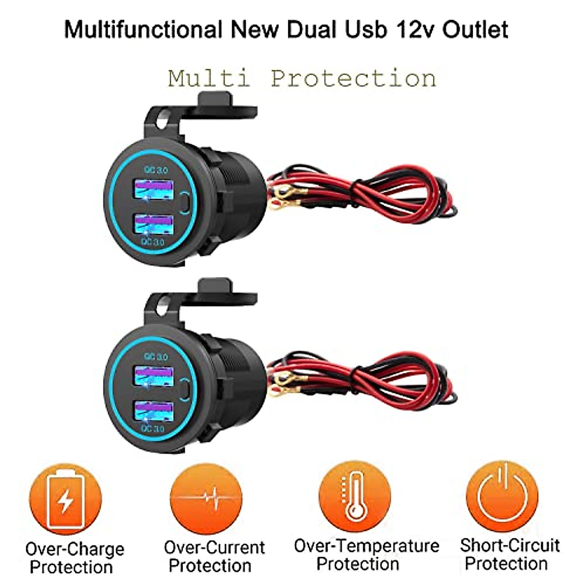 [2 Pack] 12v USB Outlet,Dual USB Quick Charger 3.0 Port Waterproof Power Outlet 12V/24V Fast Charge USB Charger Socket with Power Switch for Car Golf Cart Boat Marine Bus Truck RV Marine Motorcycle