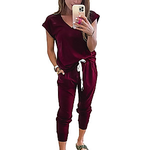 PRETTYGARDEN Women's Two Piece Tracksuit V Neck Short Sleeve Tops Long Pants With Drawstring Outfits Jogger Sets(Jujube Red,Small)