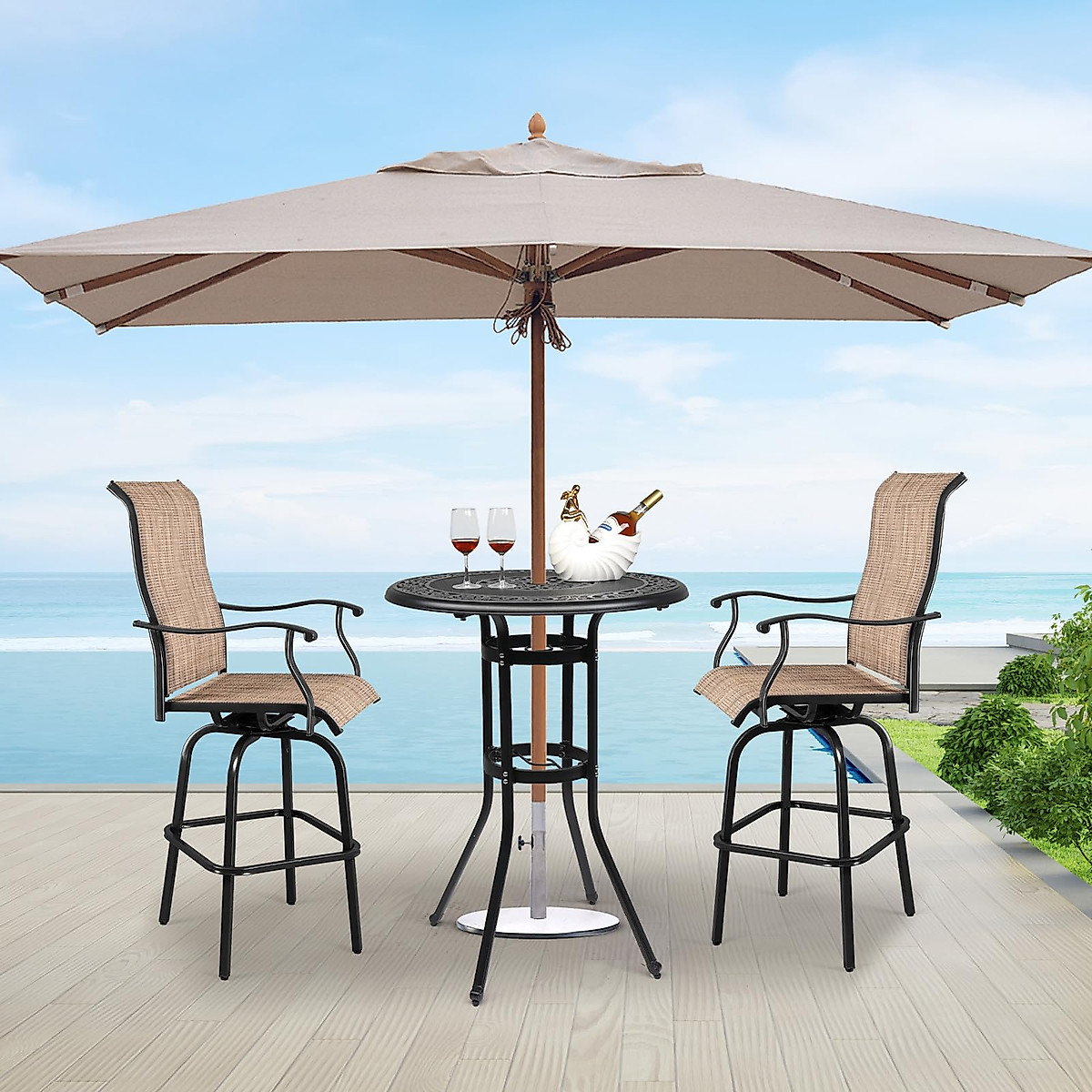 VINGLI Outdoor Bar Table, Cast Aluminum Bar Height Patio Table with Umbrella Hole Patio Dining Table, Tall Outdoor Table Bistro Table Outdoor Furniture Garden Table 32" Dia x 41 H (Black)