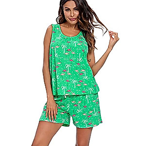 ENJOYNIGHT Pajamas for Women Cute Sleeveless Print Tee and Shorts Sleepwear Tank Top Loungewear Set (Medium, G.Flamingo)