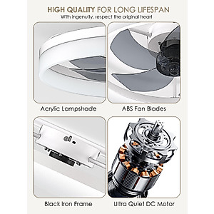 ERYAHRT Low Profile Ceiling Fan with Light Remote Control, Semi Flush Mount Ceiling Fans with 5 Invisible Blades, Dimmable Led Ceiling Fan Reversible Blades Timing, White