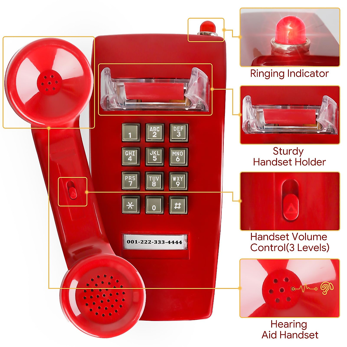 Retro Wall Phones for Landline with Mechanical Ringing Classic Corded Telephone Wall Mounted with Indicator Waterproof Old Style Phone for Home Hotel and Office