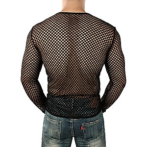 VOWUA Men's Mesh See Through Fishnet Shirts Muscle Pullover Long Sleeves Crew Neck Casual Clubwear Blouse Black