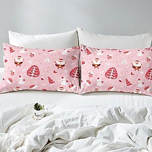 Feelyou Santa Claus Sheet Set Cute Rabbit Kawaii Pink Bed Set for Kids Boys Girls Decor Merry Christmas Bed Sheets Girly Pink Sheets Bedroom Collection 3Pcs Twin Size