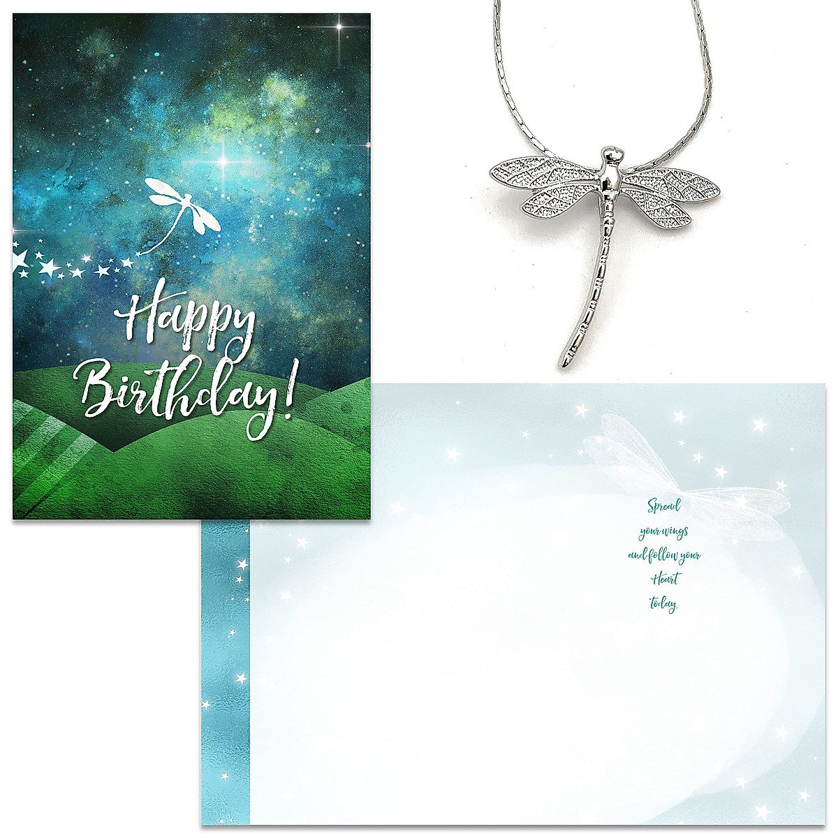 Smiling Wisdom - Happy Birthday Greeting Card Dragonfly Necklace Gift Set - Teen Women (Green Silver Dragonfly)