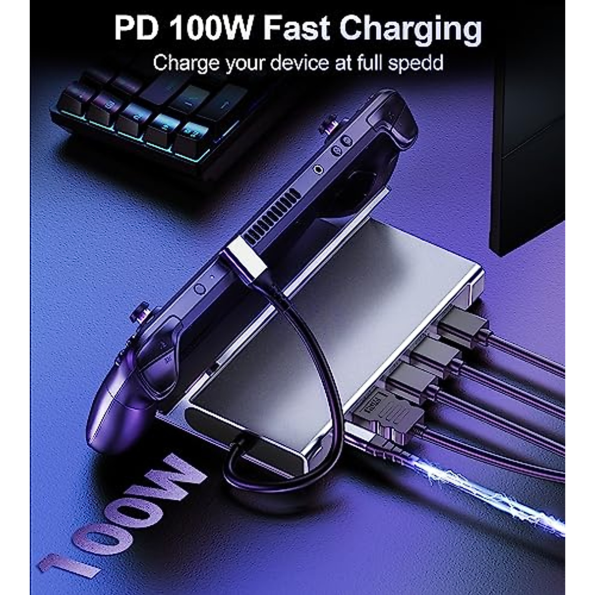 Docking Station for Steam Deck/ROG Ally, 5-in-1 Steam Deck Dock Stand with HDMI 2.0 4K@60Hz, 3 USB-A and 100W Full Speed Charging USB-C PD Port Compatible with Valve Stream Deck/ROG Alloy Accessories