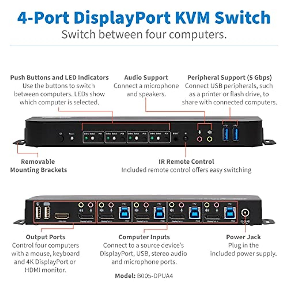 Tripp Lite 4 Port DisplayPort USB KVM Switch, Quad Port DP USB KVM Switch, 4K 60 Hz, HDR, HDCP 2.2, DP 1.4, USB 3.0 Cables, Black (B005-DPUA4)