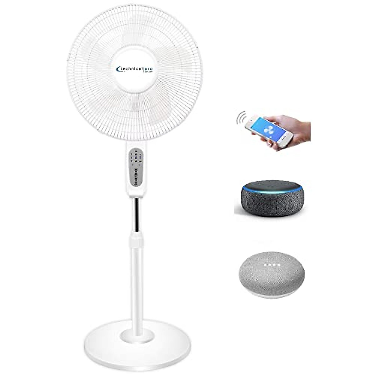 Technical Pro Smart Oscillating Pedestal Fan, 3 Speed Portable 16” WIFI Enabled Standing Fan w Adjustable Height, 270 Degree Oscillation, Tilting, Timer & Sleep mode compatible w/Alexa/Google (White)