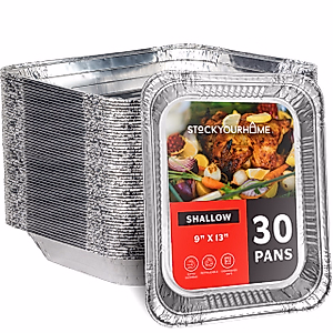 (30 Pack) Disposable Aluminum Pans 9x13 Shallow, Heavy Duty 1.75" Deep Foil Pans, Baking Tins, 13x9 Baking Pan for Cooking and Serving Cookies, Brownies, Sheet Cake, Cookie Sheets, Holiday Meal Prep