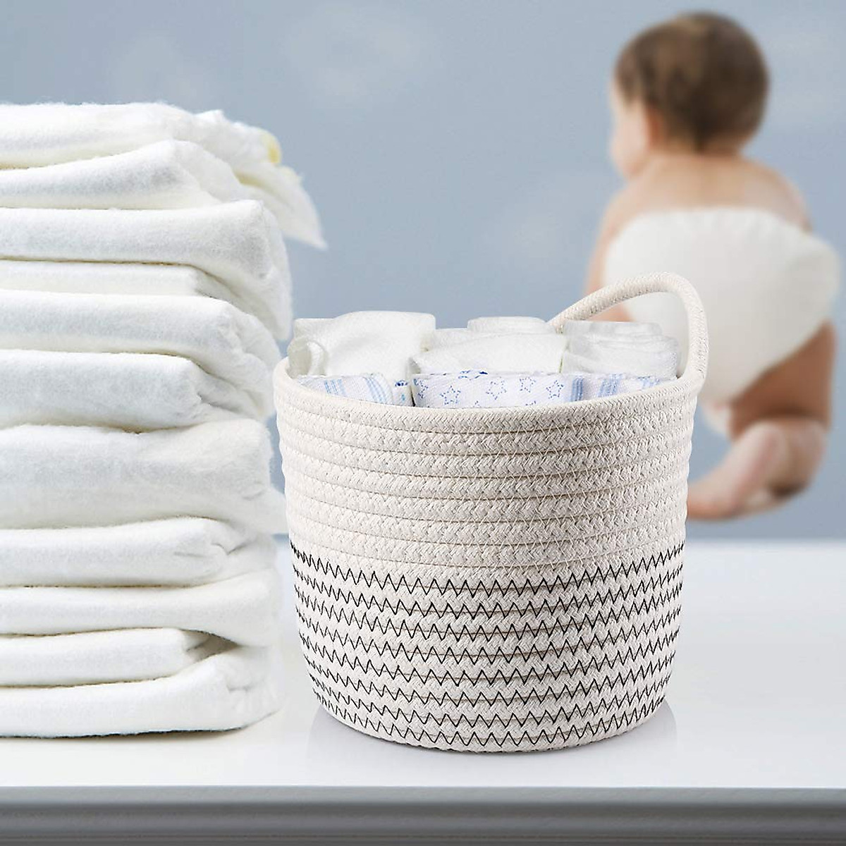 2pack Hanging Basket，100% Natural Cotton，With Free Hooks, Baby Nursery and Home Décor Cotton basket