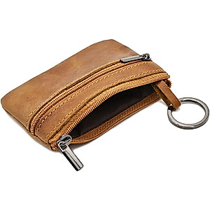 Women Genuine Leather Coin Pouch Zip Mini Purse Wallet Key Chain Double Zipper