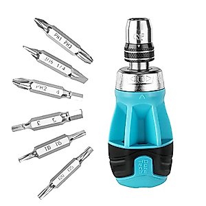 DURATECH Stubby Ratcheting Screwdriver, 12-in-1 Multi-bit Short Screw Drivers, Innovated Bits Quick-Load Mechanism, with Phillips, Slotted, Torx, Square Bits Stored in Handle