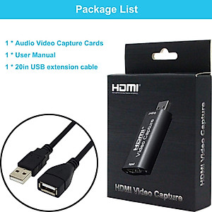 BlueAVS HDMI to USB Video Capture Card 1080P for Live Video Streaming Record via DSLR Camcorder Action Cam - Capture 1080P@30Hz (Metal-Black)