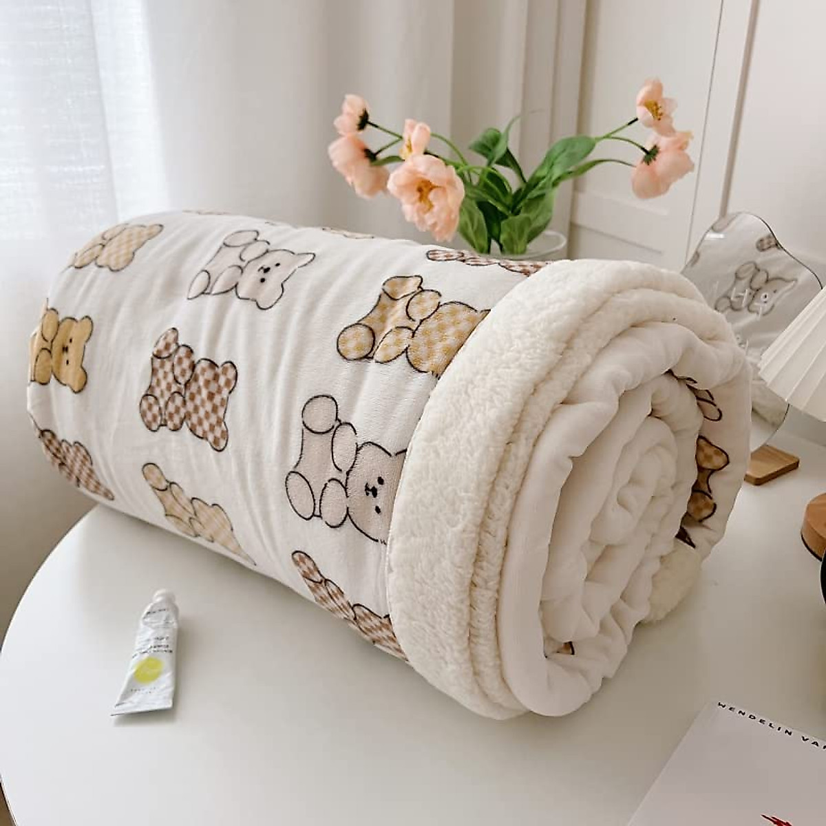 HOKMAH Premium Sherpa and Fleece Plush Blanket, Cute Aesthetic Fleece Blanket Throw. Kawaii Blankets for Travel Camping Chair Sofa (Brown,40x60)