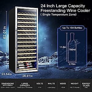 BODEGA Wine Cooler 24 Inch, 154 Bottles Wine Refrigerator, Freestanding Wine Fridge with Intelligent Temperature Memory & Humidity Control Design Wine Cooler, Upgraded Compressor, Quiet Operation