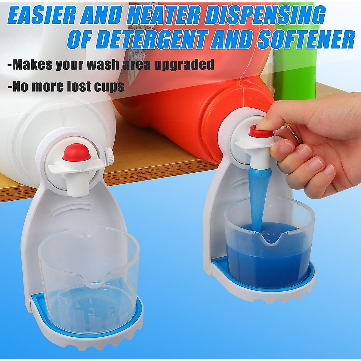 HINSOCHA Laundry Detergent Cup Holder & Drip Tray (2-Pack), No-Mess Drip Catcher with Fixed Screw and Removable Silicone Mat, Blue