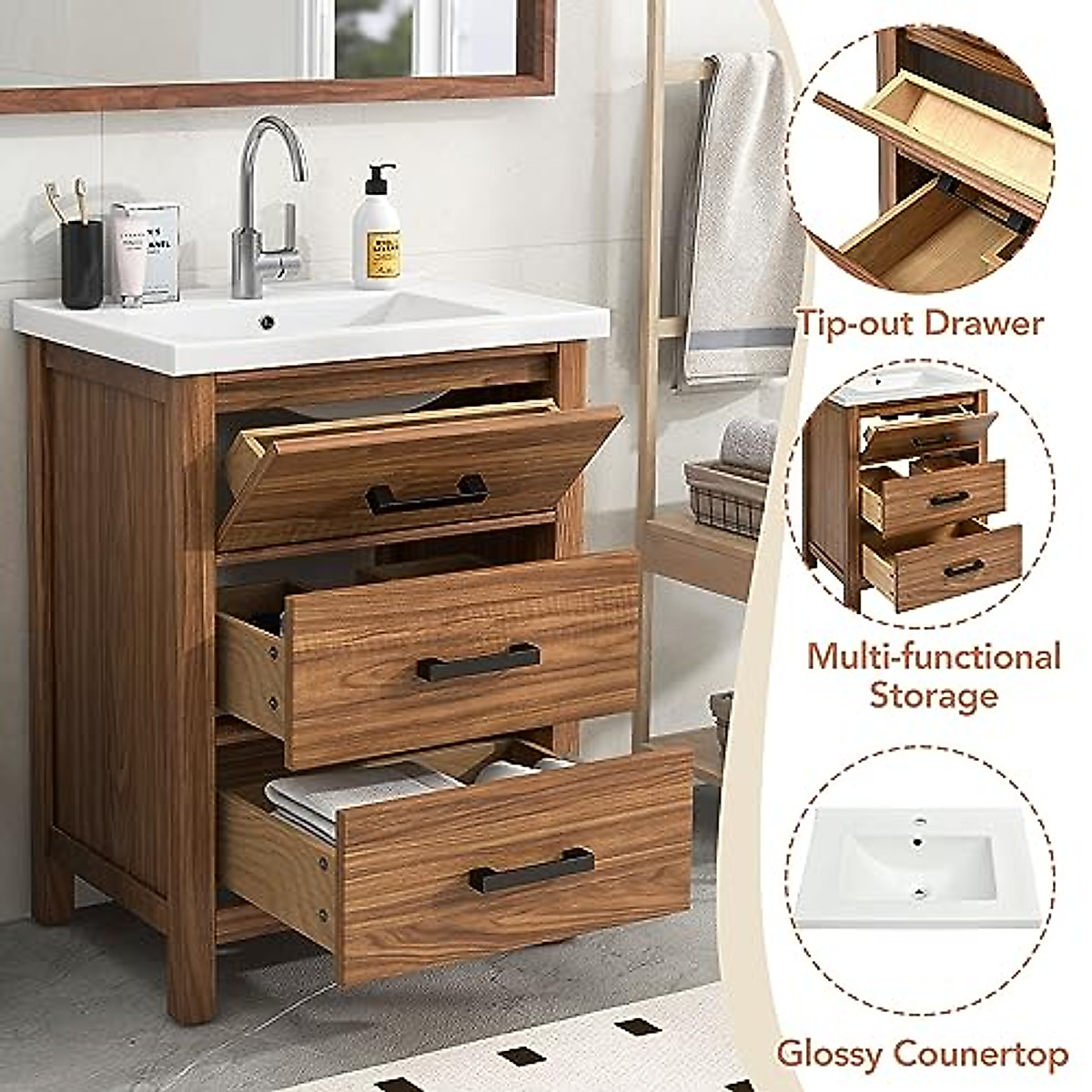 Poeyleja 24'' Bathroom Vanity with Ceramic Basin Sink, Modern Bathroom Storage Cabinet with 3 Drawers, Freestanding Bathroom Vanity Cabinet with Single Sink Natural Wood 24.4 * 18.3 * 33.8