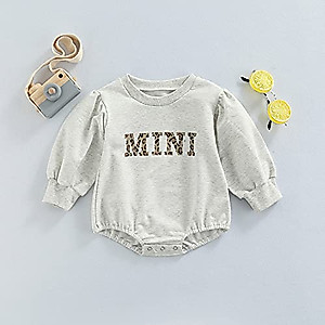 Fall Baby Girl Clothes Newborn Infant Puff Sleeve Sweatshirt Romper Leopard Letter Print Sweater Pullover Top (Gray, 0-6 Months)
