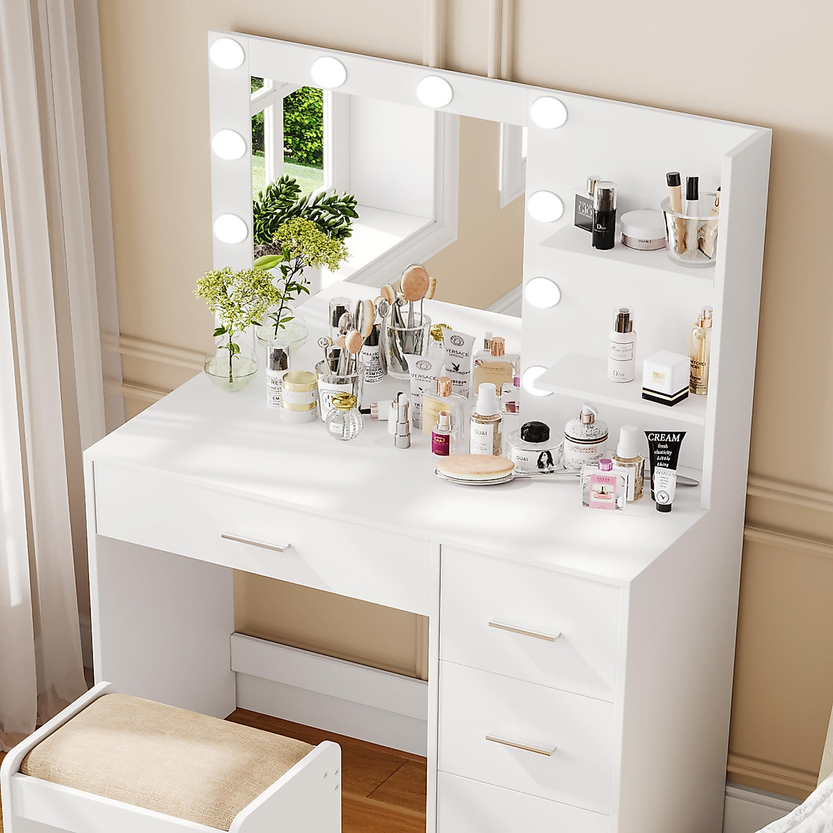 Rovaurx Makeup Vanity Table Set with Lighted Mirror, Makeup Vanity with Storage Shelf and 4 Drawers, Bedroom Dressing Table, Cushioned Stool & 10 LED Lights, White RSZT104WD