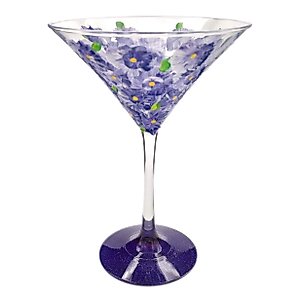 Purple Flowers Hand Painted Martini Glass - Sparkly Purple, Pretty Flower Cocktail Glass