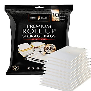 GENIE SPACE - Incredibly Strong Premium Space Saving Roll Up Bags | Variety 10 Pack (4L+3M+3S) | Create 80% More Space | Ideal for Travel or Around The Home.