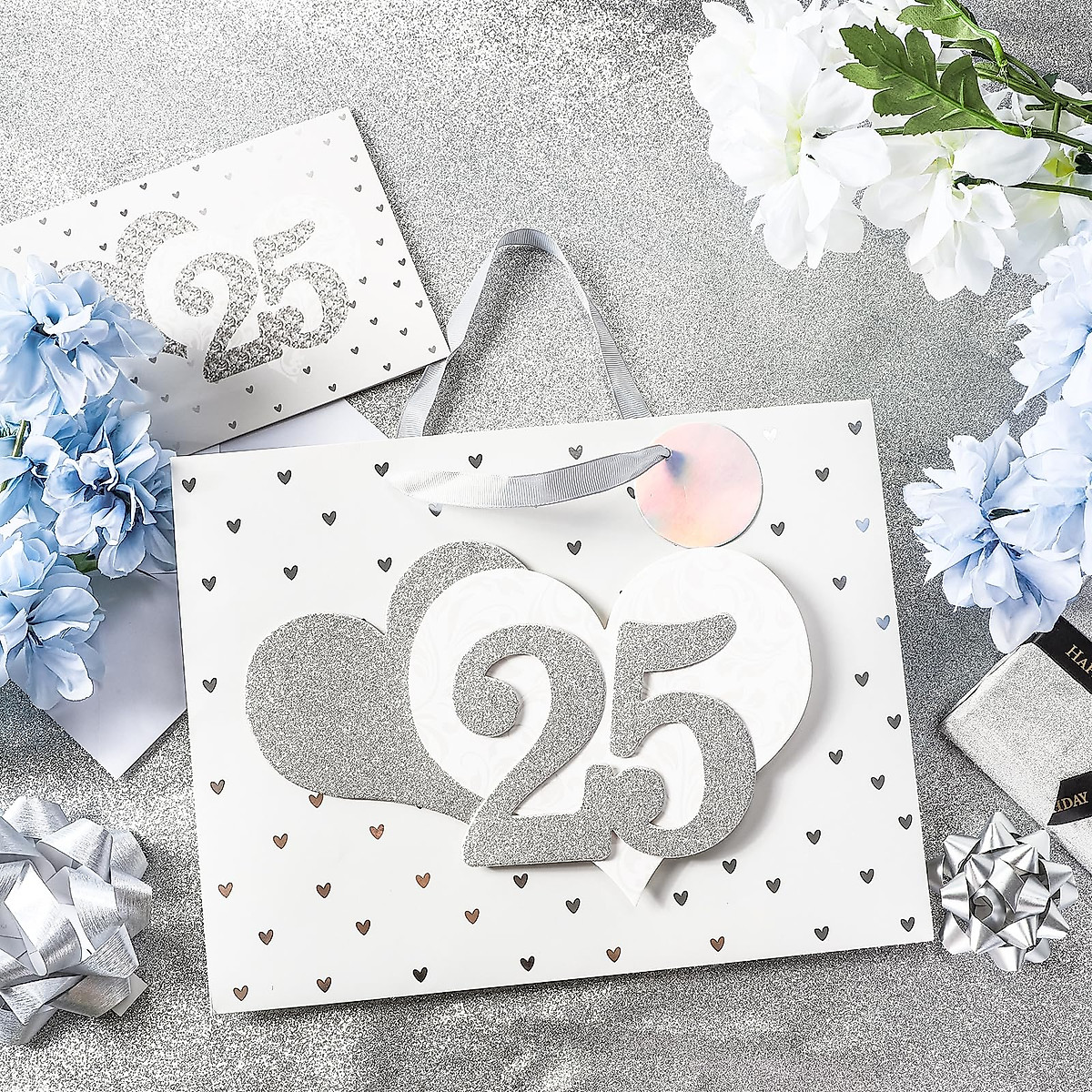 LeZakaa 13" Wedding Gift Bag, Silver Gift Bag with Tissue Paper, Gift Tag and Card - Number 25" with Heart 3D Paster for Silver Wedding Anniversary Celebrations
