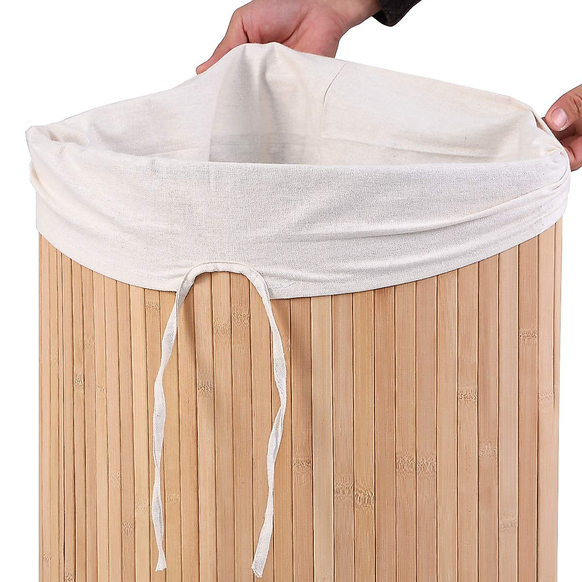 GOFLAME Corner Bamboo Laundry Hamper with Lid and Removable Liner, Washing Clothes Basket Storage Bin with Handle, Suitable for Bedroom, Bathroom, Laundry (Natural)