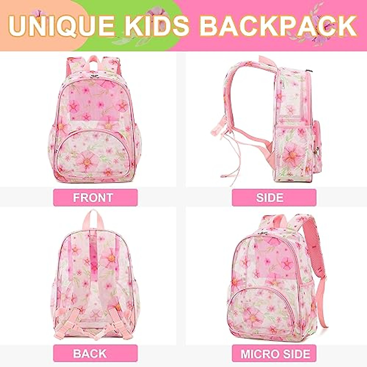 LOIDOU Mesh Backpack for Toddler Girls Semi-Transparent Mesh Bookbag 15 Inch Preschool Kindergarten Backpacks See Through Sturdy School Bags for Travel Beach Hiking Swim