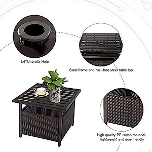 Giantex Outdoor Side Table with Umbrella Hole, Rattan/Wicker Umbrella Stand Table, Steel Metal Patio Bistro Table for Outdoor Deck Garden Pool, Brown